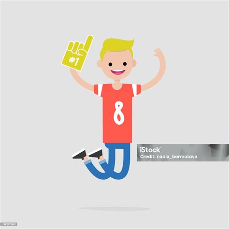 승리를 축 하 하는 젊은 밝은 축구 팬 평면 벡터 일러스트 레이 션 클립 아트 감정에 대한 스톡 벡터 아트 및 기타 이미지 감정 경기 스포츠 경쟁 Istock
