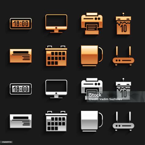 캘린더 라우터 및 Wifi 신호 커피 컵 명함 프린터 디지털 알람 시계 및 컴퓨터 모니터 화면 아이콘을 설정합니다 벡터 0명에 대한 스톡 벡터 아트 및 기타 이미지 Istock