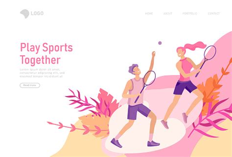 방문 페이지 템플릿 해피 연인 관계 로맨틱 한 커플 야외 산책 장면 테니스를 재생 캐릭터 발렌타인 데이 세트입니다 다채로운 Html에 대한 스톡 벡터 아트 및 기타 이미지