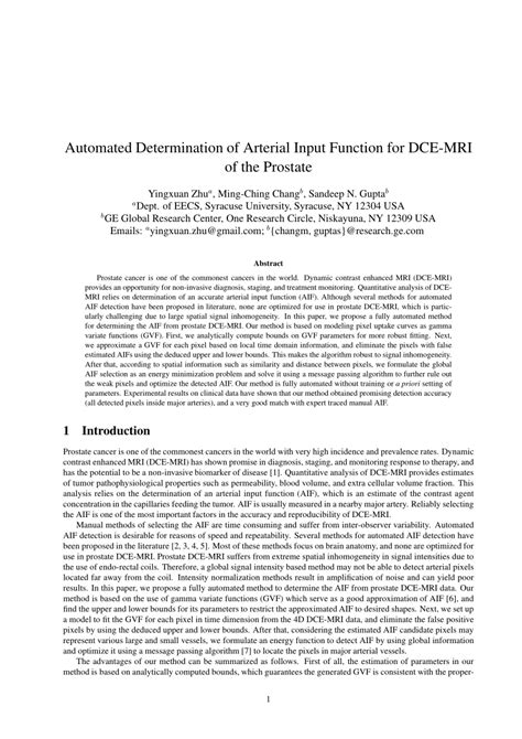 Pdf Automated Determination Of Arterial Input Function For Dce Mri Of The Prostate