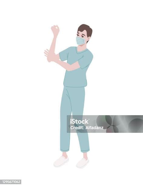 녹색 코트와 의료 마스크 만화 캐릭터 디자인 평면 벡터 일러스트와 남성 의사 흰색 배경에 격리 건강관리와 의술에 대한 스톡 벡터 아트 및 기타 이미지 Istock