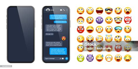 스마트폰 메시징 앱 이모티콘이 있는 사용자 인터페이스 Sms 텍스트 프레임입니다 채팅 화면 파란색 메시지 풍선 커뮤니케이션을