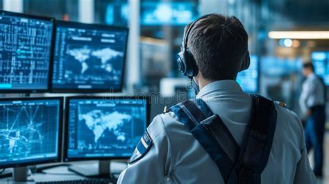 Security Personnel Monitoring Airport Operations From Control Room With Multiple Stock Image
