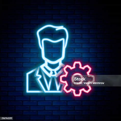 빛나는 네온 라인 프로필 설정 아이콘이 벽돌 벽 배경에 고립되어 있습니다 사용자 설정 톱니바퀴가 있는 프로필 아바타 계좌 남성 사람 실루엣입니다 다채로운 윤곽선 개념입니다