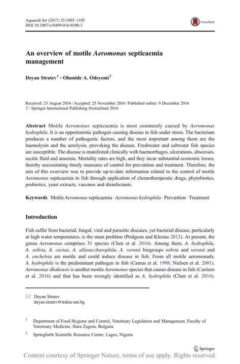 An Overview Of Motile Aeromonas Septicaemia Management Request Pdf