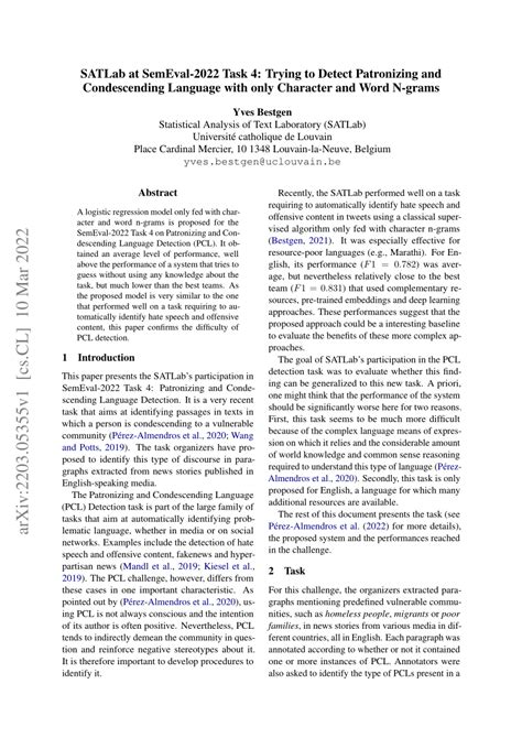 Pdf Satlab At Semeval 2022 Task 4 Trying To Detect Patronizing And Condescending Language