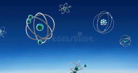 Animation Of Atom Models Spinning On Blue Background Stock Footage