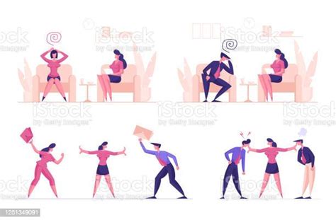 정신 문제 해결을 위한 심리학자를 방문하는 남성과 여성 캐릭터 세트 사무실에서 논쟁과 싸움 비즈니스 사람들 동료 전투 대결 만화 벡터 일러스트레이션 경영자에 대한 스톡 벡터