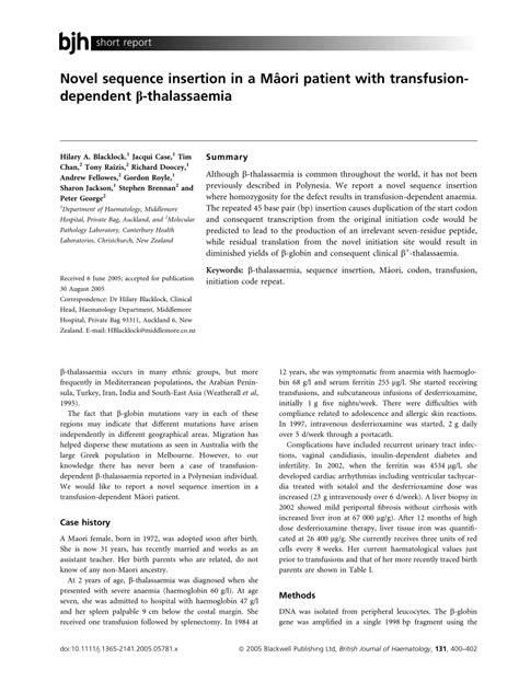 Pdf Novel Sequence Insertion In A Mâori Patient With Transfusion