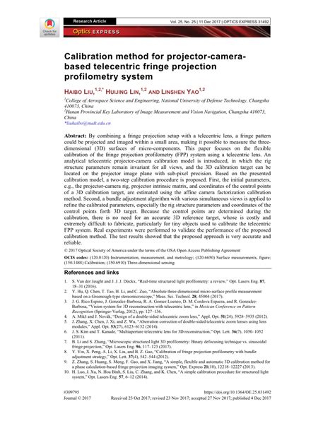 Pdf Calibration Method For Projector Camera Based Telecentric Fringe