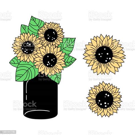 해바라기와 메이슨 항아리 고립 된 클립 아트 다채로운 꽃 장식 요소 라인 야생화와 잎 식물 디자인 항목 해바라기꽃 꽃다발 벡터 일러스트 해바라기에 대한 스톡 벡터 아트 및