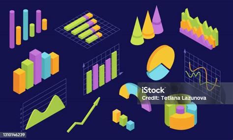 등등 측정 그래프 비즈니스에 대한 통계 차트입니다 3d 인포그래픽 다이어그램 및 그래픽 웨이브 경제 분석 웹 인터페이스 요소 벡터 세트 3차원 형태에 대한 스톡 벡터 아트