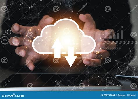 Virtual Screen With Cloud Computing Diagram Displayed By A Man Stock