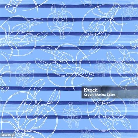 해양 테마 암 랍스터 파란 줄무늬 파도 바다 강 대 완벽 한 패턴의 수채화 그림 줄무늬 배경 여름 패턴 디자인 및 장식 0명에
