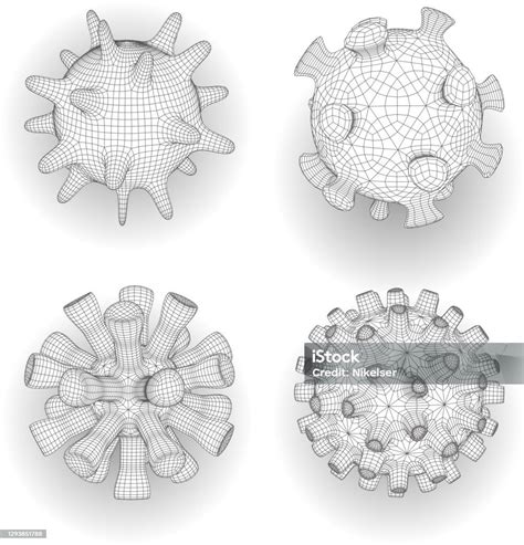 다른 다각형 바이러스 성 세포의 집합 코로나 바이러스 선형 윤곽선 다각형 메시 스타일 바이러스 박테리아 백색 배경 벡터 일러스트레이션에 고립된 미생물의 3d 의학 일러스트
