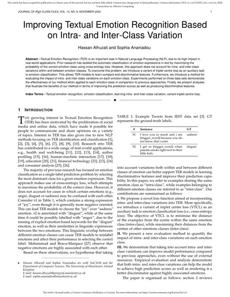 Pdf Improving Textual Emotion Recognition Based On Intra And Inter Class Variation