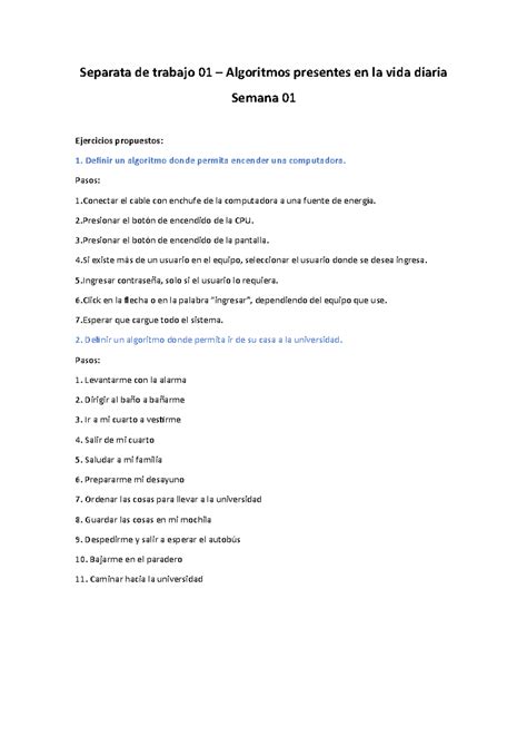 Trabajo Algoritmos Semana 1popo Separata De Trabajo 01 Algoritmos Presentes En La Vida