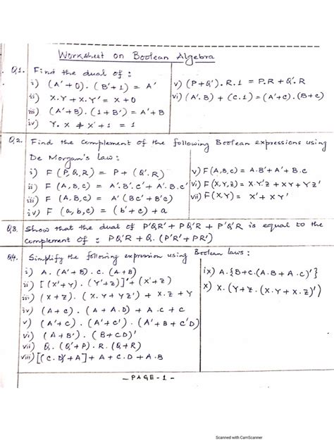 Worksheet On Boolean Algebra Pdf