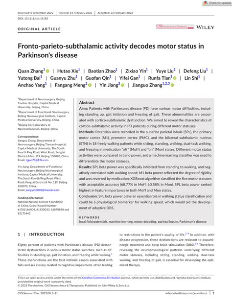 Pdf Fronto Parieto Subthalamic Activity Decodes Motor Status In Parkinsons Disease
