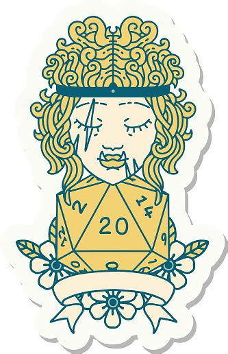 자연 20 주사위 굴리기가 있는 반 오크 야만인 캐릭터의 스티커 굴리기에 대한 스톡 벡터 아트 및 기타 이미지 굴리기