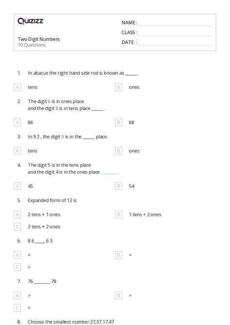 50 Two Digit Numbers Worksheets For 1st Grade On Quizizz Free