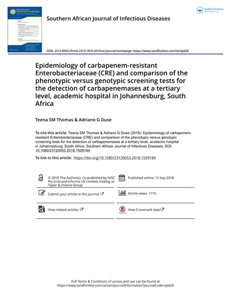 Pdf Epidemiology Of Carbapenem Resistant Enterobacteriaceae Cre And Comparison Of The