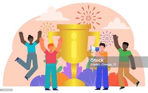 승리 승자 승리를 축하하는 사람들 남자와 여자 큰 황금 컵 근처에 서 팀 소셜 미디어 웹 페이지 배너 프리젠 테이션포스터 개념에 대한 스톡 벡터 아트 및 기타 이미지