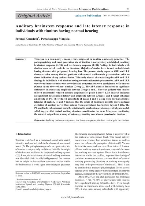 Pdf Auditory Brainstem Response And Late Latency Response In Individuals With Tinnitus Having