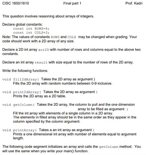 Solved CISC 1600 1610 Final Part 1 Prof Kadri This Question Chegg Com