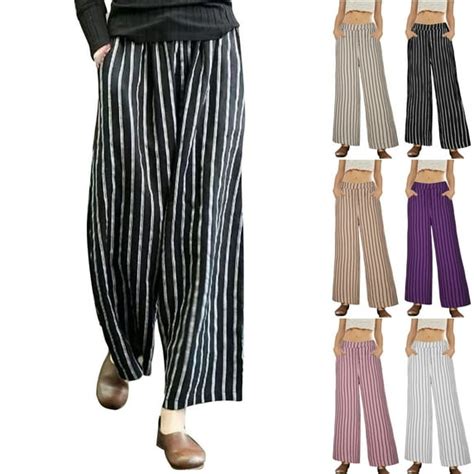 Clodeeu Womens Boho Stripe Elastic Waist Palazzo Linen Blend Wide Leg