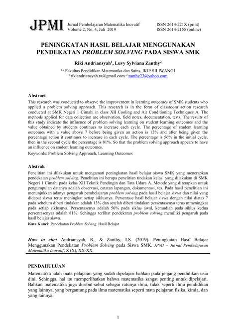 Pdf Peningkatan Hasil Belajar Menggunakan Pendekatan Problem Solving