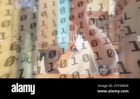 reading book in library woman with binary code animation in background