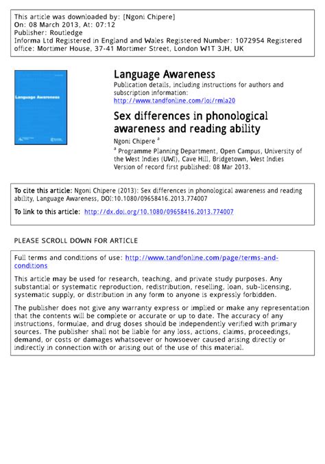 Pdf Sex Differences In Phonological Awareness And Reading Ability
