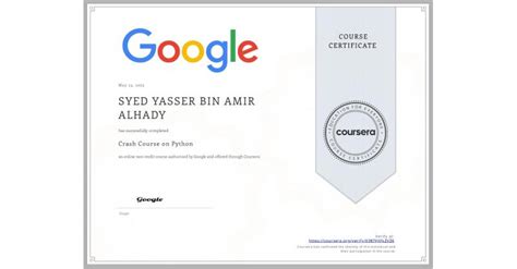 Syed Yasser Alhady On Linkedin Completion Certificate For Crash Course On Python