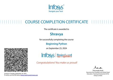Python Learning Infosysspringboard Certification Coding Shravya