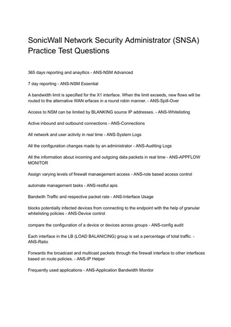 Sonicwall Network Security Administrator Snsa Practice Test Questions Test Questions With 100