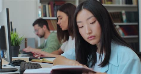 Premium Photo Babe Girl Sit At Table Prepare For Exam With Computer Writes Text Coursework