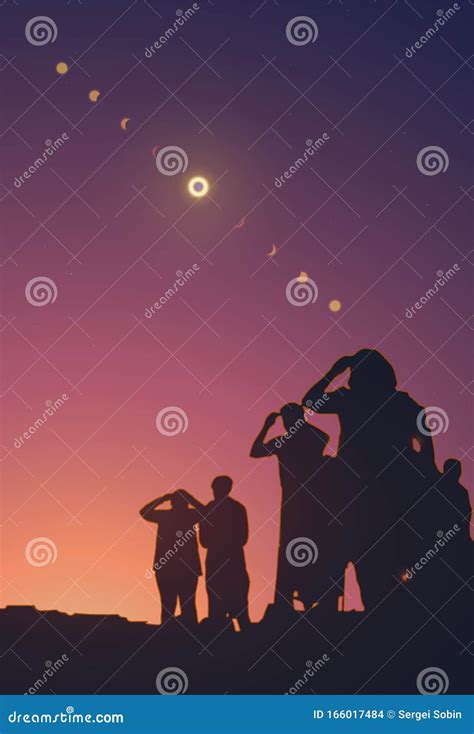 People Are Watching A Solar Eclipse In The Sky With Stars Stock