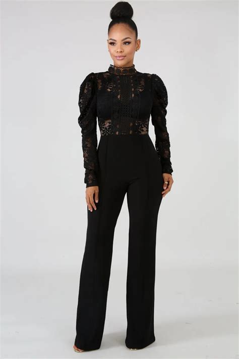Woman Lace Patchwork Jumpsuit Stand Collar Long Sleeve Women Jumpsuit Elegant Slim Wide Pants