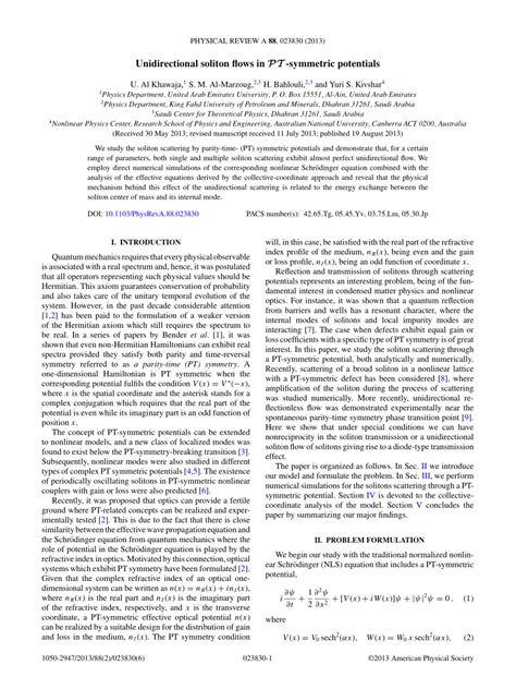 Pdf Unidirectional Soliton Flows In Pt Symmetric Potentials