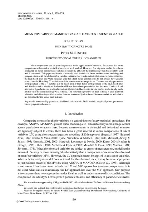 Pdf Mean Comparison Manifest Variable Versus Latent Variable