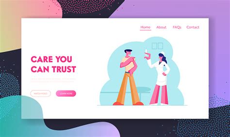 의학 건강 관리 웹 사이트 방문 페이지 예방 접종을 위해 병원을 방문하는 남자 메딕 에 화이트 로브 준비 주사기 넣어 주입 에 어깨 웹 페이지 배너 만화 플랫 벡터 일러스트