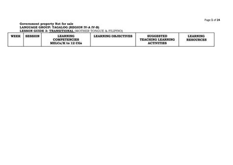 Tagalog Lesson Guide Transitioning Level For The National Reading