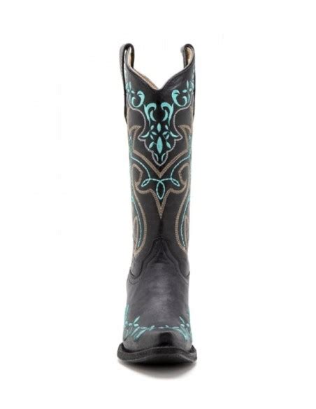 Cowgirl Style Black Leather Boots With Turquoise Stitchings