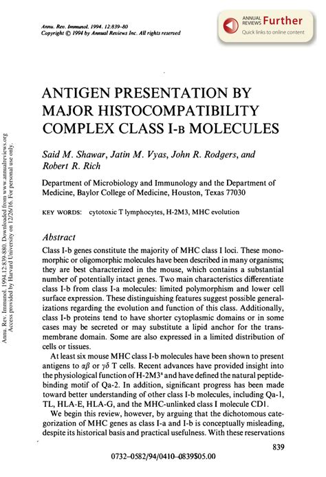 Pdf Antigen Presentation By Major Histocompatibility Complex Class I B Molecules