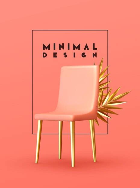 크리에이 티브 추상 최소한의 배경입니다 다양한 모양의 현실적인 디자인 3d 개체 분홍색 의자 및 황금 종려나무 가지 잎