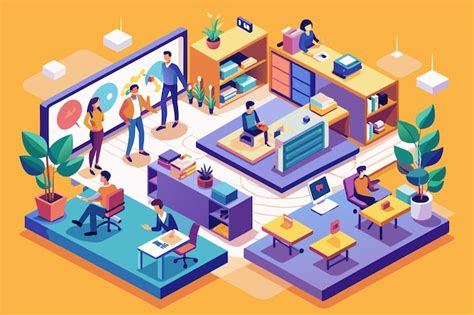 A Vibrant Shared Workspace Layout With Individuals Collaborating Focused On Tasks And Utilizing