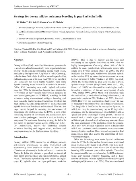 Pdf Strategy For Downy Mildew Resistance Breeding In Pearl Millet In India