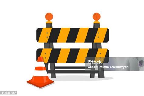 교통 도로 장벽 도로 폐쇄 경고 장벽 건설 페이지에있는 웹 사이트에 대한 플랫 벡터 일러스트레이션 경고 및 정지 표지판 도로