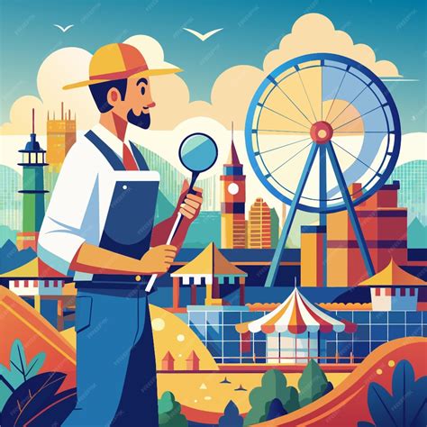 Quality Inspector Holding A Magnifying Glass To Inspect Amusement Park Vector Illustration Flat